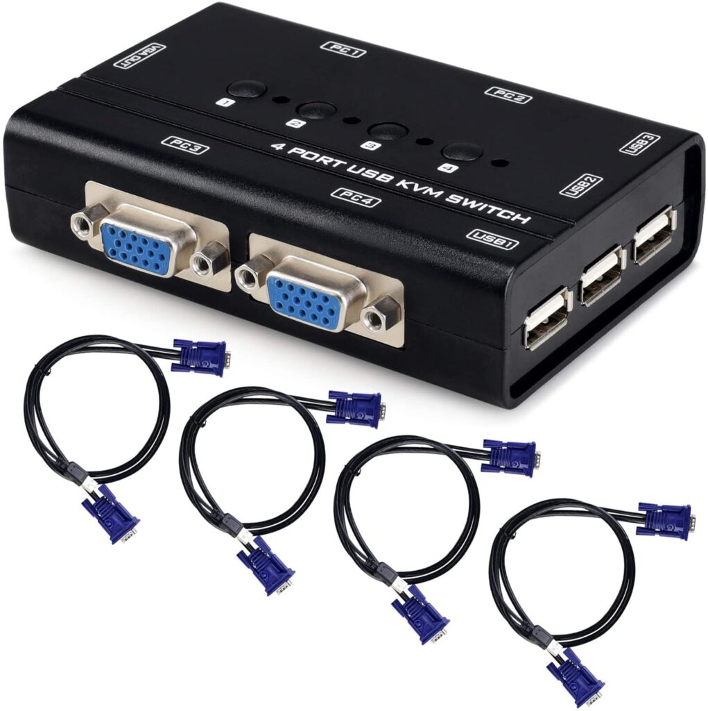 USB VGA KVM Switch with 4 Cables, 4 Port Selector Switcher for 4PC ...