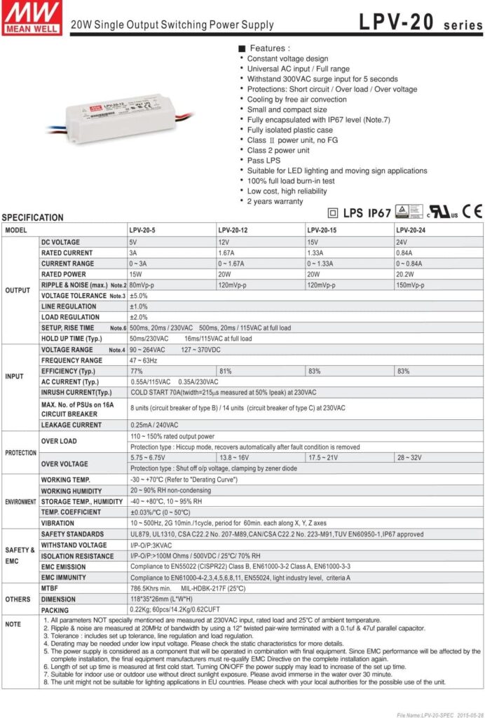20W 12V 1.67A LPV-20-12 MEAN WELL Waterproof LED Lighting Drive Switching Power Supply Constant ...